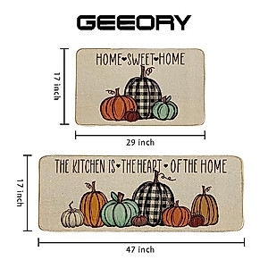 GEEORY Fall Kitchen Mats, Set of 2 Pumpkins Buffalo Plaid Check Floor Mat Farmhouse Party Seasonal Holiday Decorations 17x29 and 17x47 Inch (Black and White) GK067