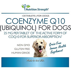 Nutrition Strength Coenzyme Q10 for Dogs Grain-Free Supplement, Ubiquinol - The Electron-Rich Form of CoQ10, Promotes Heart Health, Cognitive and Energy Support for Dogs, 120 Chewable Tablets