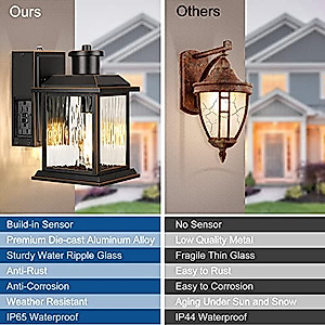 Dusk to Dawn Outdoor Porch Lights with 2 GFCI Outlets, Waterproof Wall Lights Mount for House, Aluminum Anti-Rust Exterior Light Fixture, Wall Sconce, Wall Lamp, Wall Lantern for Balcony, Garage