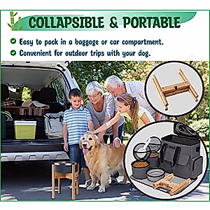 Dog Bowl Stand for Large Dogs - Height 14-inch, Adjustable, Lockable Width 8-11inches Wide - Food and Water Feeder Holder - Bamboo