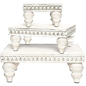 Farmhouse Tiered Tray Decor by Felt Creative Home Goods - Shabby Chic Vintage Wood Risers for Coffee Bar, Bathroom, Kitchen Island. Includes Three Decorative Beaded Pedestals (Set of 3, Rustic White)