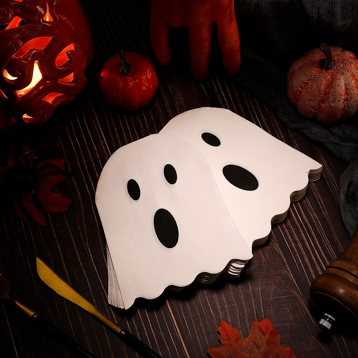 100 Pieces Ghost Napkins Halloween Napkins White Ghost Folded Halloween Napkins Disposable 2 Ply Halloween cocktail Napkins Tableware Decoration for Home Dinner Holiday Party Supplies(Basic)