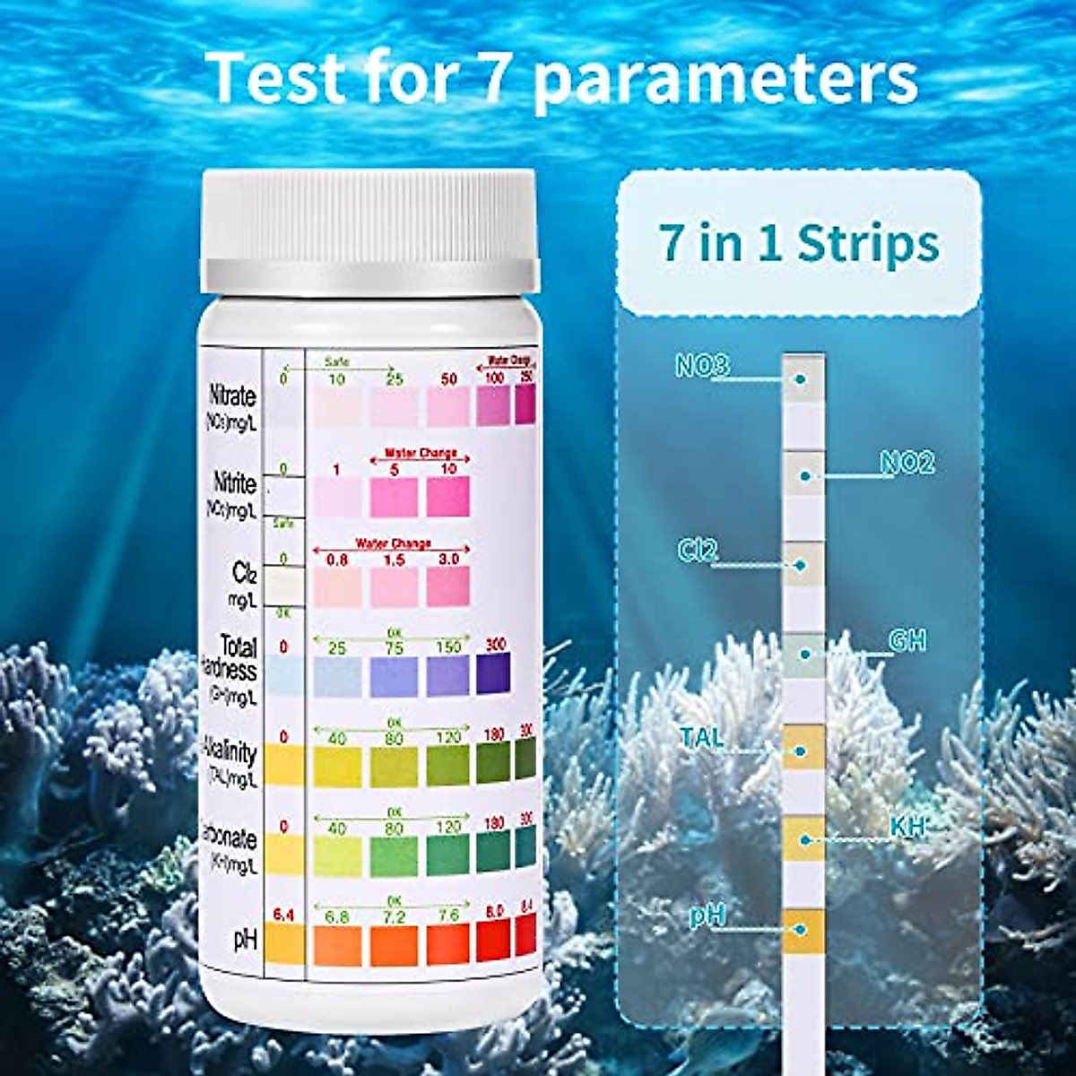 7-Way Aquarium Test Strips, 100 Strips Aquarium Testing Kit for Freshwater Saltwater, Fish Tank Pond Test Strips Testing pH, Alkalinity, Nitrite, Nitrate, Chlorine, Carbonate, Hardness