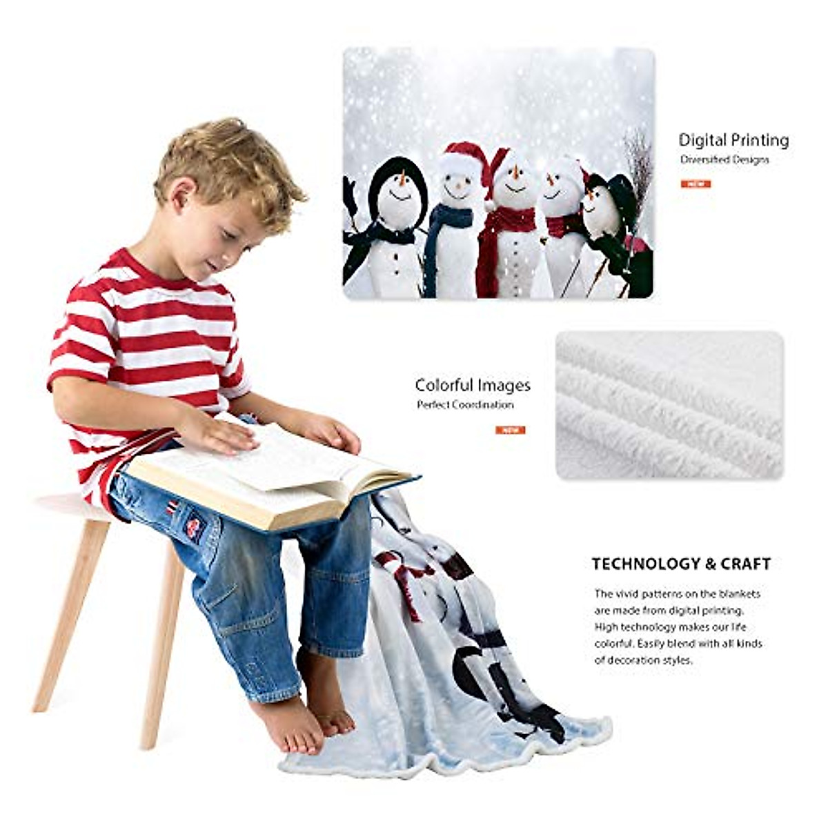 Fassbel Sherpa Throw Blanket Digital Printing Reversible Super Soft Lightweight Blanket Warm Microfiber All Season Blanket for Bed or Couch (50"x60", Snowman)