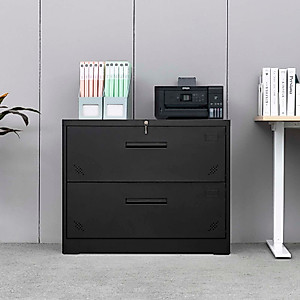Modern Metal Lateral File Cabinet with Lock, Locking Wide File Cabinet with Large Drawer, Large Deep Storage Cabinet Locked by Keys for Home Office Letter/Legal/F4/A4 Size (Black2)