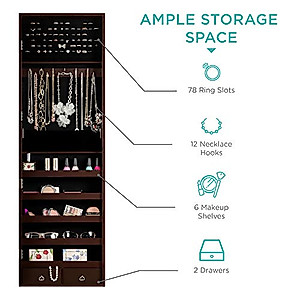 Best Choice Products Standing Mirror Armoire, Lockable Jewelry Storage Organizer Cabinet w/Velvet Interior, 3 Angle Adjustments - Brown