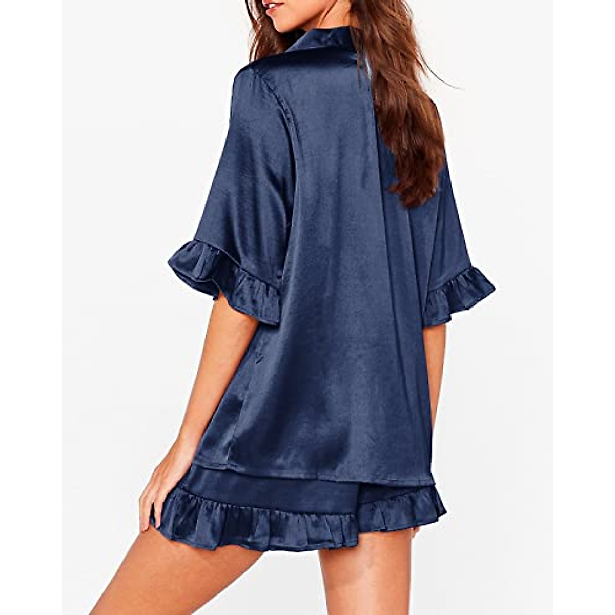 Women's Silk Satin Pajamas Set Ruffle Short Sleeve Sleepwear Button Down Two-Piece Pjs Shorts Set Loungewear Navy Blue