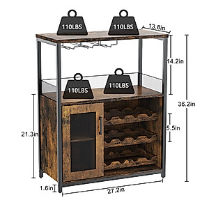 IDEALHOUSE 3-Tier Wine Bar Cabinet with Detachable Wine Rack and Storage Space, Buffet Cabinet with Glass Holder and Mesh Door, for Kitchen, Living Room and Bar (Rustic Brown)