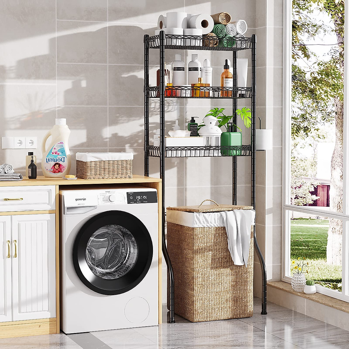 LEHOM Bathroom Organizer Over The Toilet Storage, 3-Tier Bathroom Shelves Over Toilet Shelf Above Toilet Storage Rack Freestanding Bathroom Space Saver with Adjustable Shelves and Baskets, Black