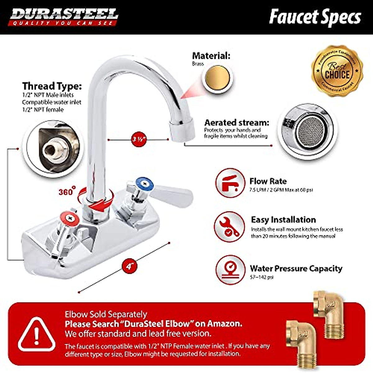 Kitchen Sink Faucet Wall Mount - DuraSteel 4" Center Commercial Kitchen Sink Faucet with 3-1/2" Gooseneck Spout - Dual Lever Handles - Brass Constructed & Chrome Polished