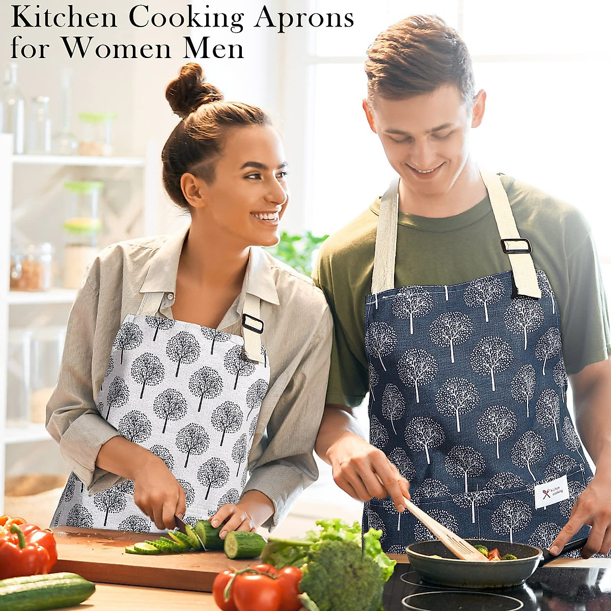 Sureio 8 Pack Aprons for Women Men with 2 Pockets Linen Kitchen Apron Adjustable Cooking Kitchen Chef Apron Bib for BBQ Outdoors Baking Household