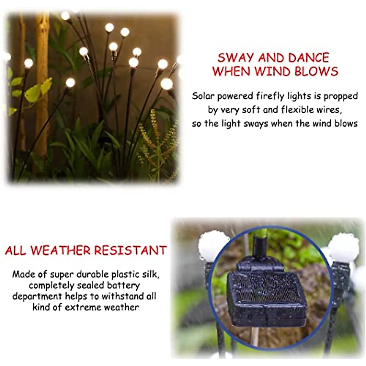 MOTEERLLU 4 Pack 10 LED Solar Powered Firefly Lights,Outdoor Waterproof Decorative String Lights,Starburst Swaying Garden Lights for Path Landscape,Swaying When Wind Blows (4 PC,Warm White)