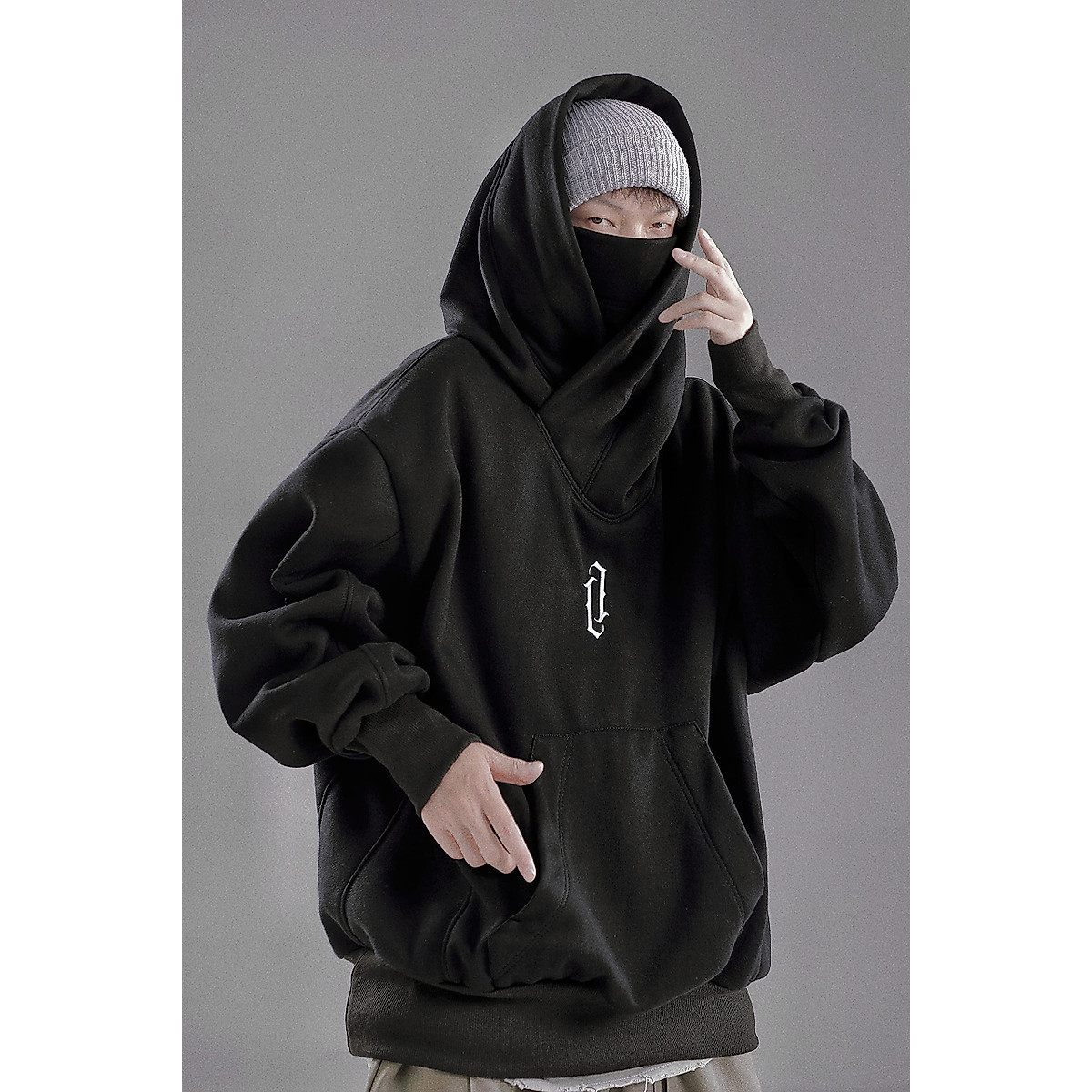 Niepce Inc Streetwear Men's Oversized Hoodie with Neck Gaiter (Black, Large)