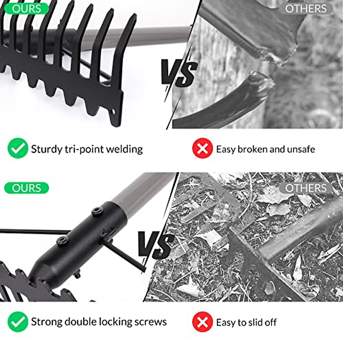 Walensee 5.4FT Bow Rake Heavy Duty Garden Rake with Stainless Steel Handle, 17 Steel Tines Metal Head Rake Tool for Loosening Soil Gathering Leaf Leveling Lawn Farming Land Management Yarn Thatch Rake