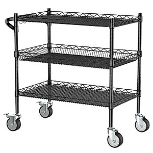 Leteuke 3 Tier Rolling Carts with Wheels,990Lbs Heavy Duty Rolling Utility Cart,NSF Commercial Grade Metal Cart with Handle&Shelf Liner,Trolley Serving Cart for Kitchen,Restaurant,Plant Display,Black