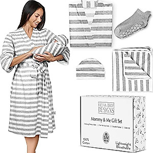 Ocean Drop 100% Cotton Mommy and Me Robe and Swaddle Set - Maternity Robe for Hospital - Delivery Gown for Hospital Maternity 4pc Set (Robe, Socks, Baby Swaddle Blanket, Baby Hat & Gift Box)