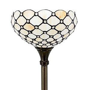 WERFACTORY Tiffany Floor Lamp Cream Amber Stained Glass Bead Light 12X12X66 Inches Pole Torchiere Standing Corner Torch Uplight Decor Bedroom Living Room Home Office (LED Bulb Included) S005 Series