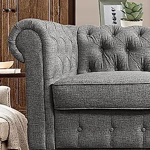 Rosevera Genevieve Upholstered Fine Polyester Collection Tufted Loveseat Couch, Contemporary Chesterfield Armrest,Sectional Sofa for Living Room Apartment, 3SEAT, Linen Gray 3SEAT