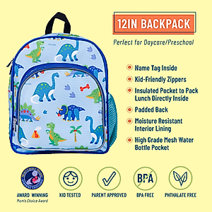 Wildkin 12 Inch Backpack Bundle with Insulated Lunch Bag (Dinosaur Land)