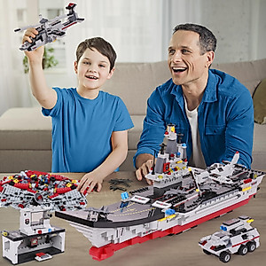 WishaLife 8 in 1 City War Military Aircraft Carrier Toy Building Blocks Set, with Army Truck Toys, Car Toys, boat Toy, Airplane Toy, Helicopter Toy, WW2 Construction Toys Gift for Kids Boys Age 6 Plus