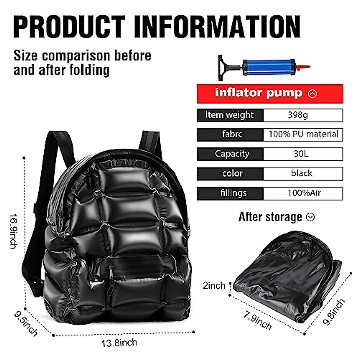 BUTI4WLD Puffer Backpack Travel Gym Bag Fashion Inflatable Designed Waterproof Backpack and Lightweight with Large Capacity Backpack for Women and Men, Black