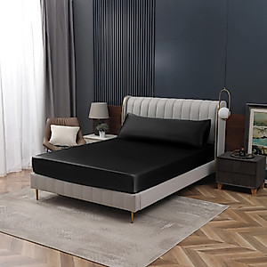 Homiest Black Satin Fitted Sheet Full Size Fitted Bed Sheet, Deep Pocket Fitted Sheet Only, Luxury & Ultra Soft Bedding Fitted Sheet Single Bottom Bed Sheets Sold Separately