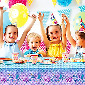 DaiUni 1PCS Mermaid Birthday Tablecloth for Birthday Party Decoration, Plastic Disposable Rectangle Table Cover for Kids Girls Party Supplies, 54" x 108"