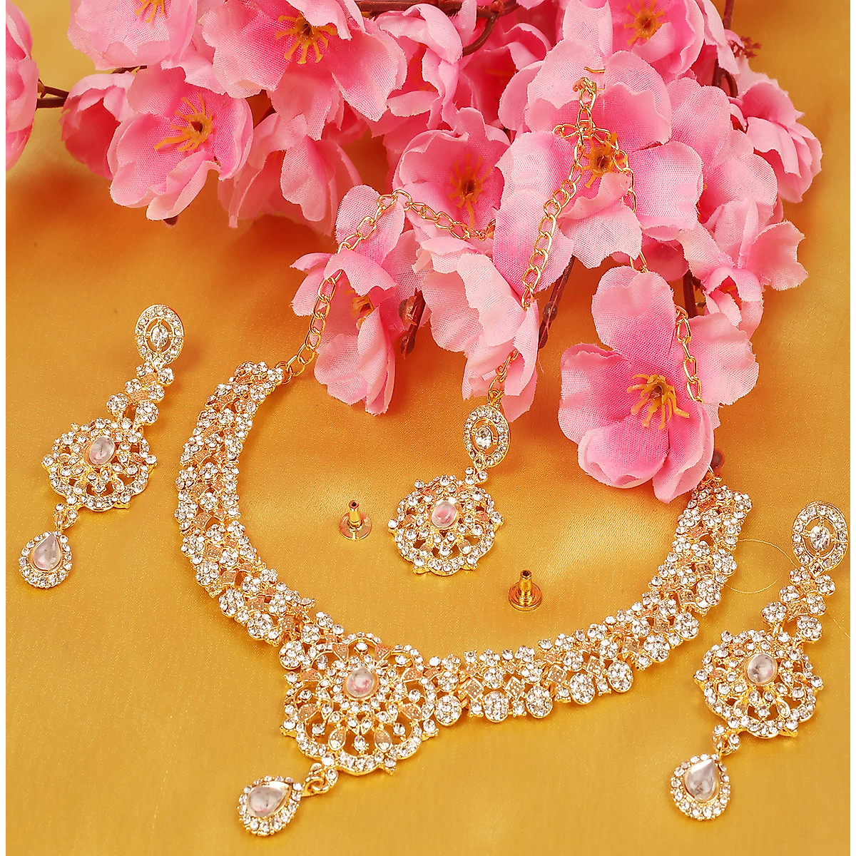 Touchstone Indian Bollywood Contemporary Fabulous Style Definition Rhinestone Designer Jewelry Wedding Necklace Set In Gold Tone For Women.