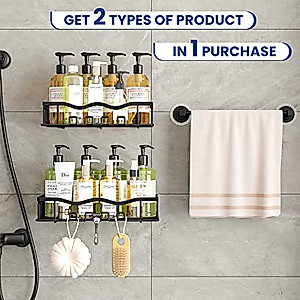 SEIRIONE Set of 3 Adhesive Shower Caddy,Solid Bathroom Shower Organizer,Rustproof Shower Shelves for Inside Shower,Large Capacity Shower Racks for Inside Shower,In Shower Storage with 8 Hooks,Black