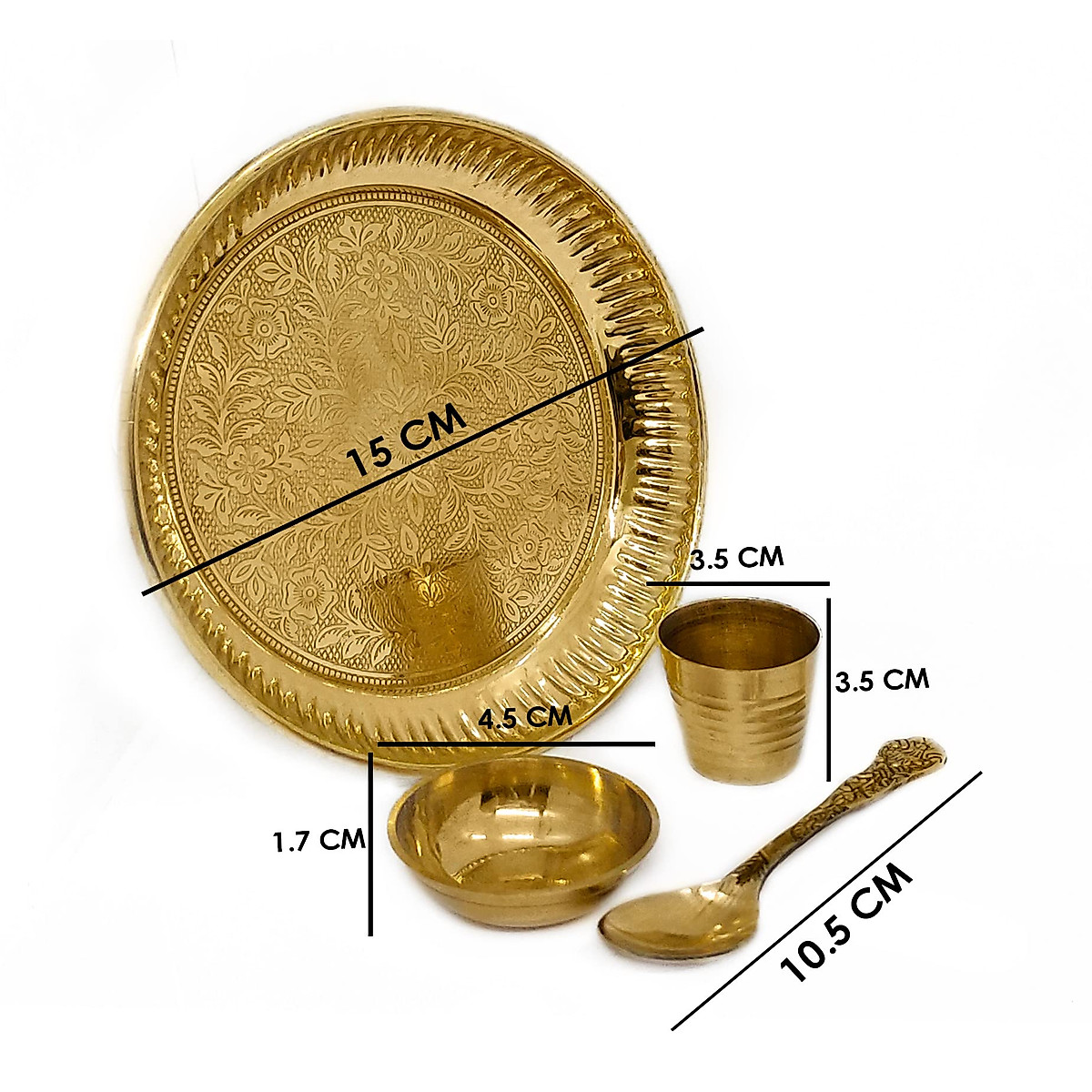 Satvik Brass 4 Pc Bhog Thali Set for Laddu Gopal with Glass, Bowl and Pooja Spoon for Home and Temple Kanha Ji Bhog Plate Set (Large)