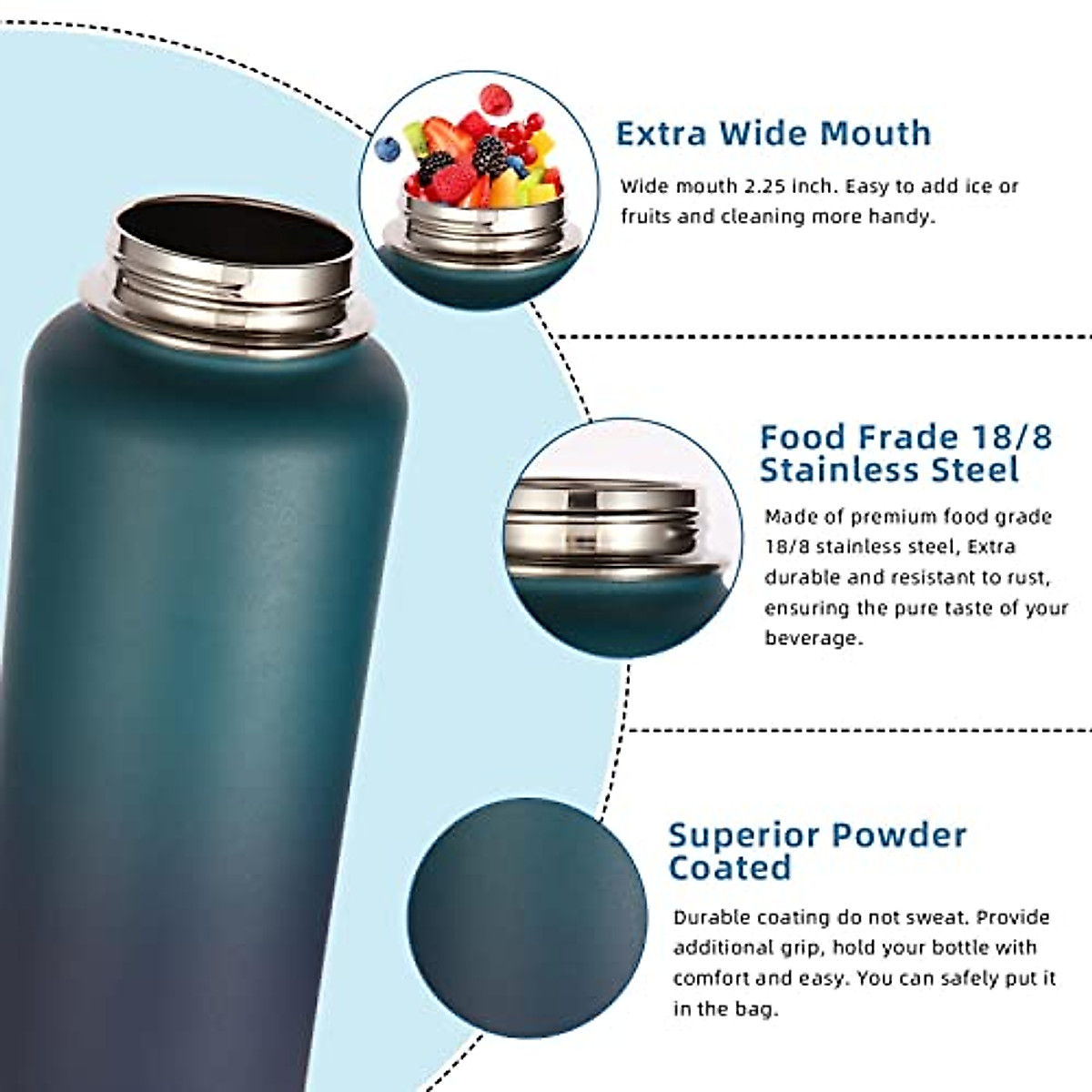 Volhoply 40 oz Insulated Water Bottles Paracord Handle, Stainless Steel Sports Bottle with Spout Lid, Double Walled Metal Travel Water Thermos with Wide Mouth, Reusable Water jug (Dark Night,1 Set)