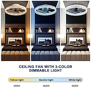 EKXIIO Ceiling Fan with Lights, Low Profile Ceiling Fan with Light and Remote, 20" Modern Small Ceiling Fan with 3 Colors Dimmable LED 5 Blades, Enclosed Flush Mount Fans for Indoor Kids Bedroom
