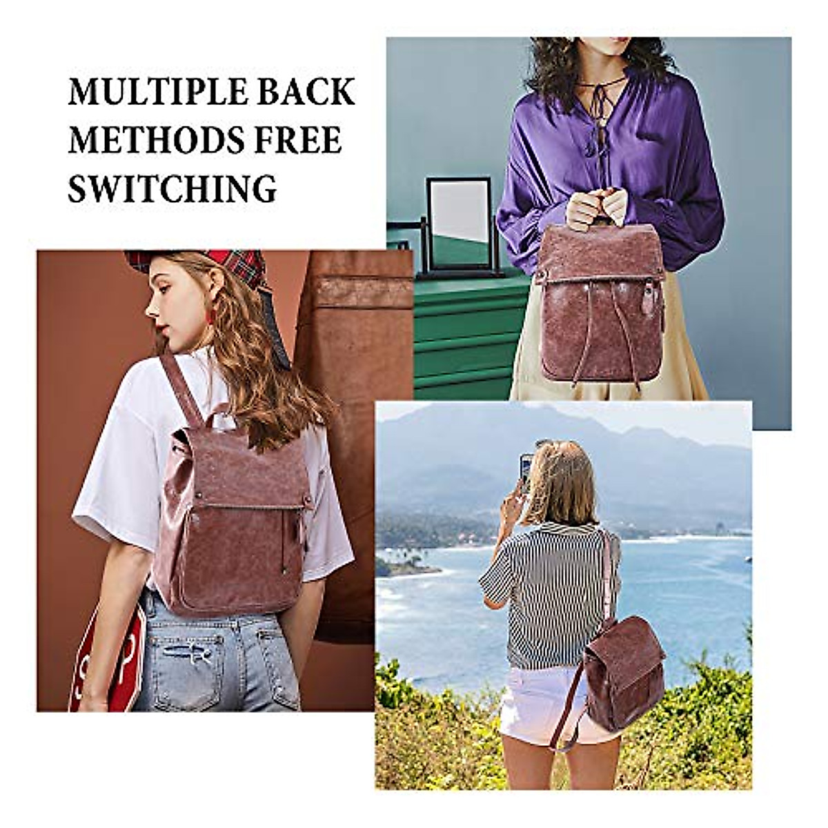 ROOSALANCE Women Backpack Waterproof Anti-theft PU Leather Nylon Shoulder Bag Travel Backpack Ladies (Dark Pink)