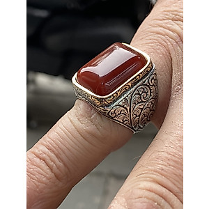 Men Handmade Ring, Red Agate Ring, Dark Aqeeq Gemstone Ring, Ottoman Style Ring, 925k Sterling Silver, Gift For Him