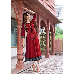 Yash Gallery Women's Cotton Slub Embroidered 3/4 Sleeve Round Neck Anarkali Kurtis (US, Alpha, Large, Regular, Regular, Maroon)