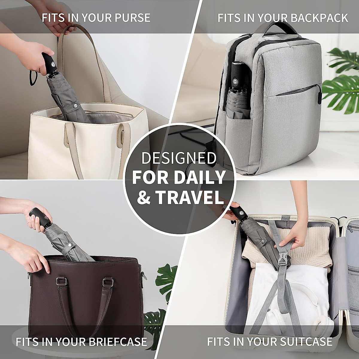 Anntrue Windproof Travel Umbrella, Auto Open Close Lightweight Compact Portable Backpack Folding Umbrella, Perfect for Car, Purse, Men and Women(Gray)