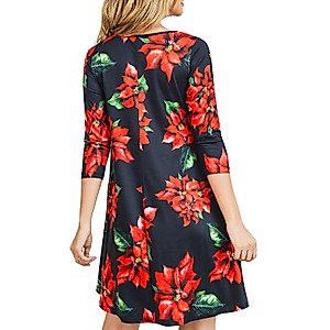 ICONOFLASH Women's Plus Size Christmas Flower Dresses with Pockets XL 3/4 Sleeves Flared Swing Dress Poinsettia Holiday Party Black