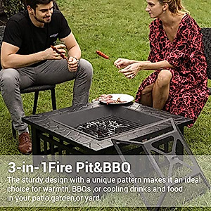 LEAYAN Garden Fire Pit Grill Bowl Grill Barbecue Rack Fire Pit Table with BBQ Grill Shelf, Square Firepit for Barbecue Heater, Ice Pit, Metal Brazier for Patio Outdoor, with Waterproof Cover Fire Pit