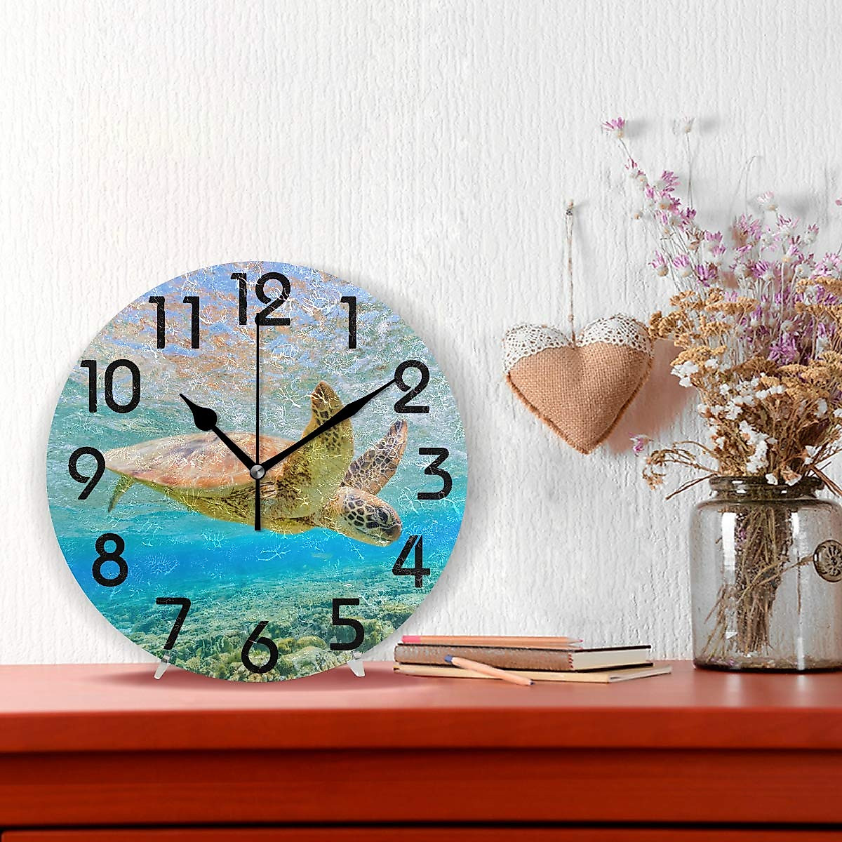 Naanle Chic 3D Underwater Ocean Swimming Sea Turtle Print Round Wall Clock Decorative, 9.5 Inch Battery Operated Quartz Analog Quiet Desk Clock for Home,Office,School