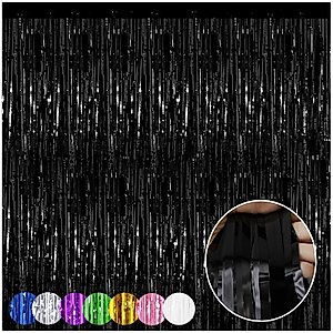 Black Foil Fringe Backdrop Curtains, 2 Pack of 3.28 ft x 8.28 ft Metallic Tinsel Foil Fringe Streamer Photo Booth Props Backdrop for New Year Halloween Birthday Wedding Party Decorations