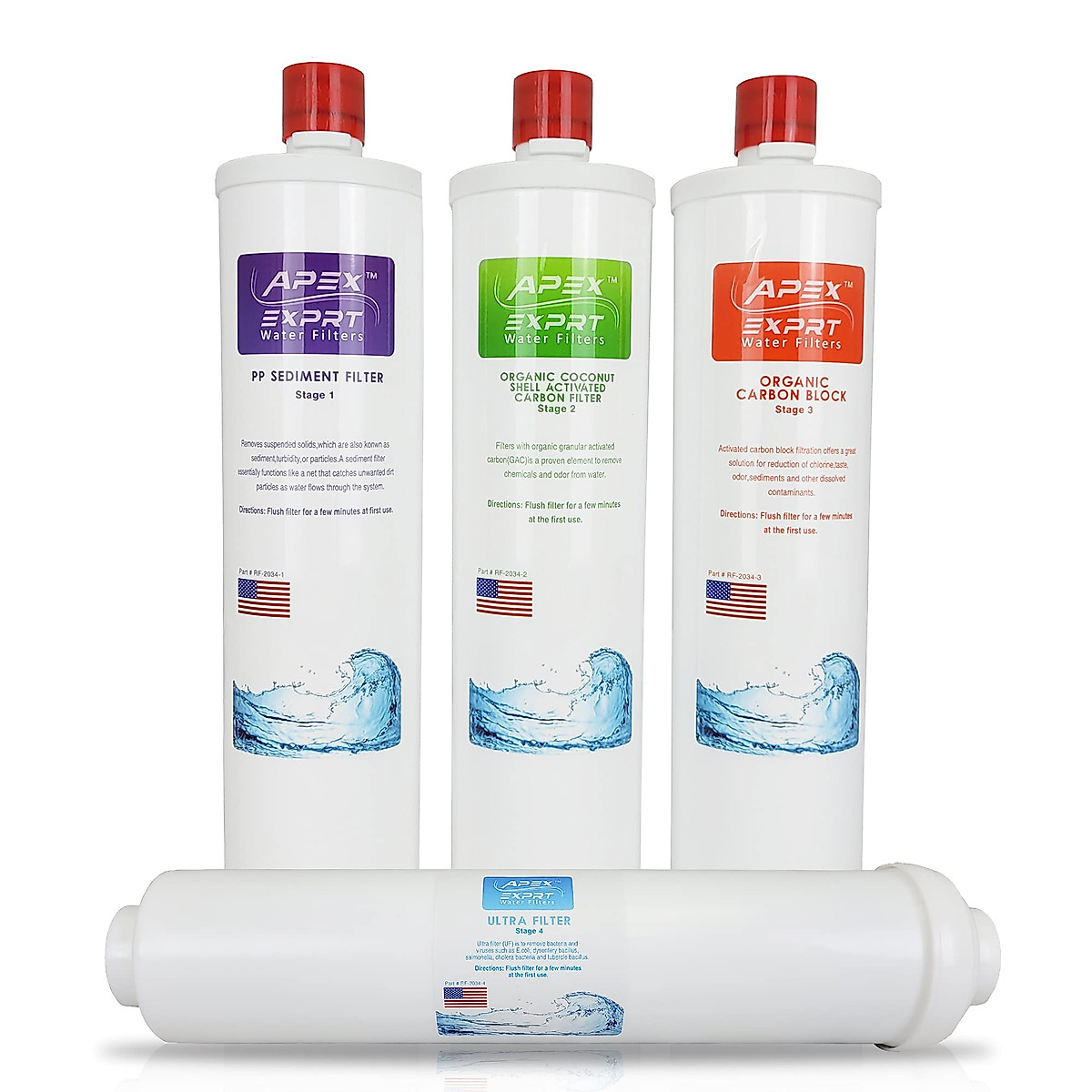 EXPRT RF-2034A Quality Undersink Pre Filters - 4 Pack Replacement Cartridges - PP (Polypropylene) 5 Micron Sediment Filter, Coconut Shell Carbon, Carbon Block, Ultrafiltration 0.1 micron - for MR-2034