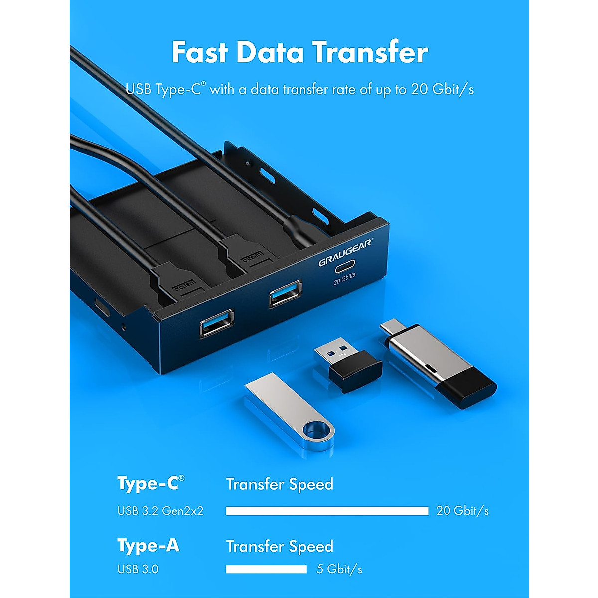 GRAUGEAR 3.5 Inch Front Panel USB Hub, Internal USB Hub with 20Gbps USB3.2 Gen2 USB-C and USB 3.0 Ports, USB3.2 Type-E Key-A 20-Pin Header & USB3.0 Header Required, Fits 3.5" PC Computer Case [G-MP01]