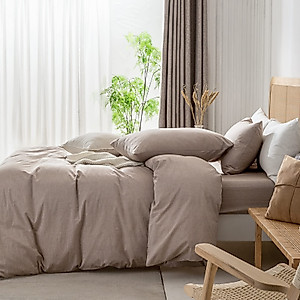 ZOVAN Full Duvet Cover Set - 100% Washed Cotton Super Soft Shabby Chic Durable 3 Pieces Home Bedding Set with Zipper Closure, Khaki 80x90 inches