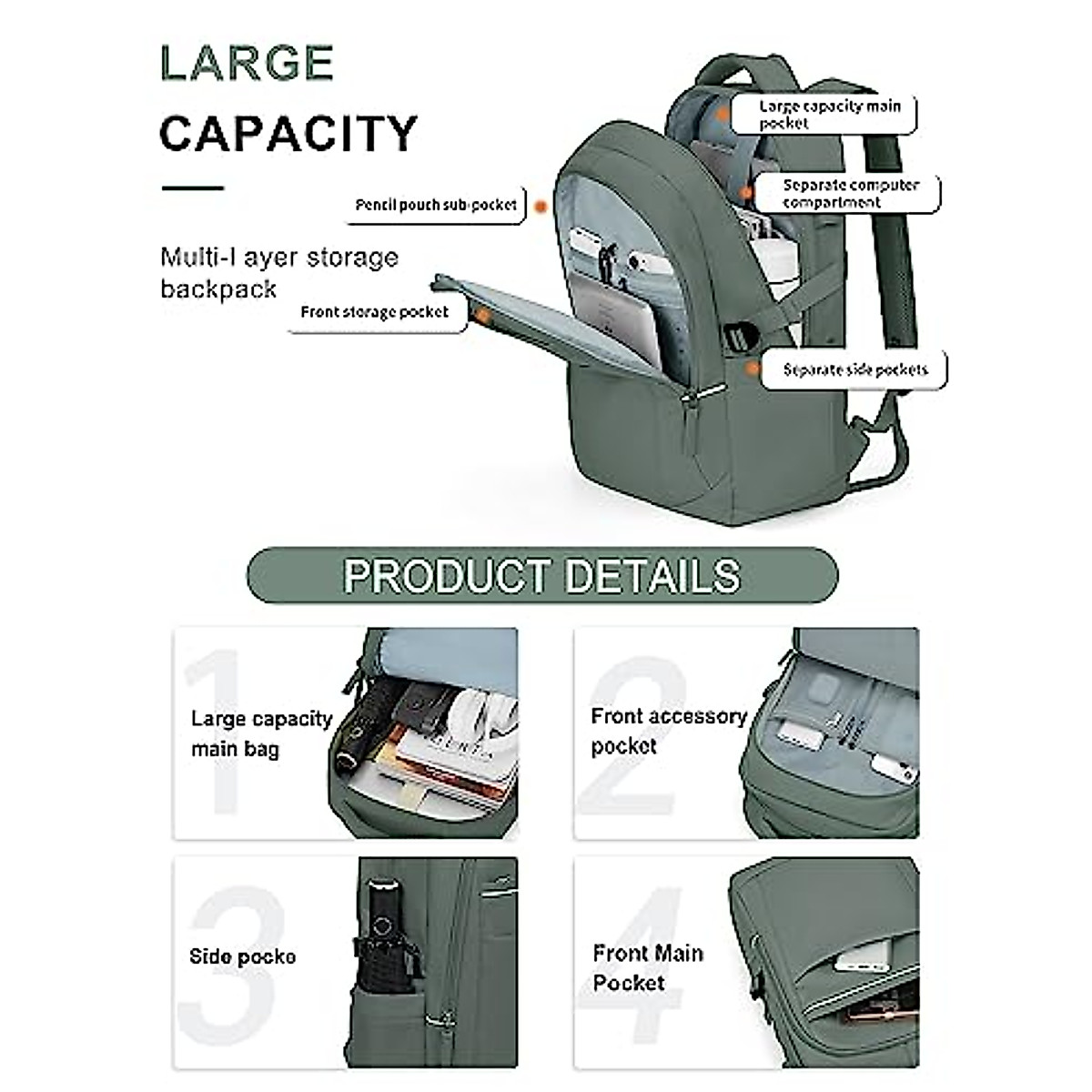 Travel Laptop Carry on Backpack for Women Men, Airline Flight Approved Waterproof 14 Inch Laptop Backpack, Casual Daypack College Personal item Bag Rucksack with USB Charging Port for Business, Green