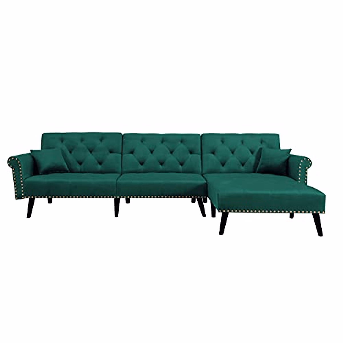 115¡±W Button Tufted Velvet Convertible Sectional Sofa Bed Sleeper with Reversible Chaise & 2 Pillows Indoor Modular Sofa (Green)