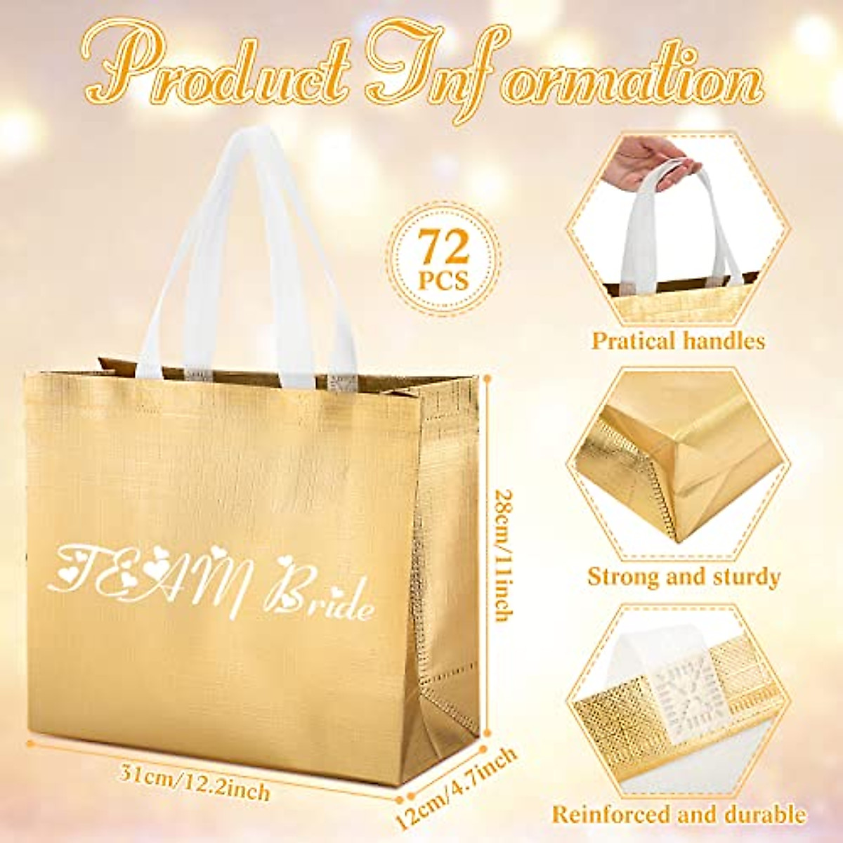 72 Pack Reusable Gift Bags with Handles Glossy Reusable Grocery Bags Tote Bags for Wedding Bridesmaid Birthday Christmas(Gold)