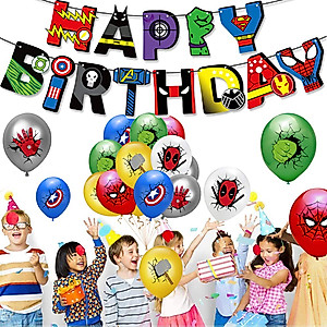 Birthday Party Supplies, Birthday Decorations for Boys Kits Include Birthday Banner, Balloons, Cake Toppers, Gold Flat Ribbon