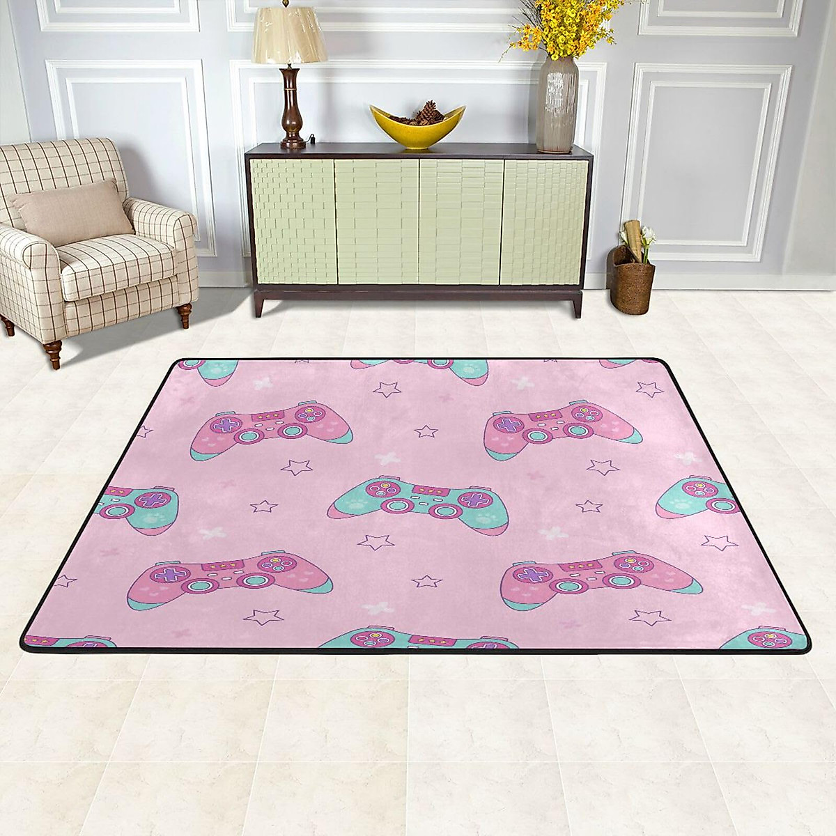 Gamepad Joystick Pink Area Rug 4x6 Stars Cute Non Slip Large Rugs for Living Room Bedroom Absorbent Washable Carpet with Rubber Backing Indoor Outdoor for Dorm Backyard Patio