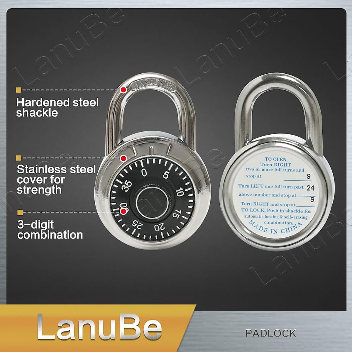 LanuBe Lock Standard Dial Combination Lock, 2 in. Wide, with Different Combinations, Black Turnplate, Pack of 48; Lock for School, Employee, Gym & Sports Locker, Case, Toolbox, Fence and so on