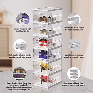 TIDYAVE Shoe Boxes Clear Plastic Stackable, Shoe Storage Organizer Boxes Easy Installation All in One Shoe Box with Doors 6 Tier Foldable Shoe Box Space Saving for Closet Entryway Containers Bins
